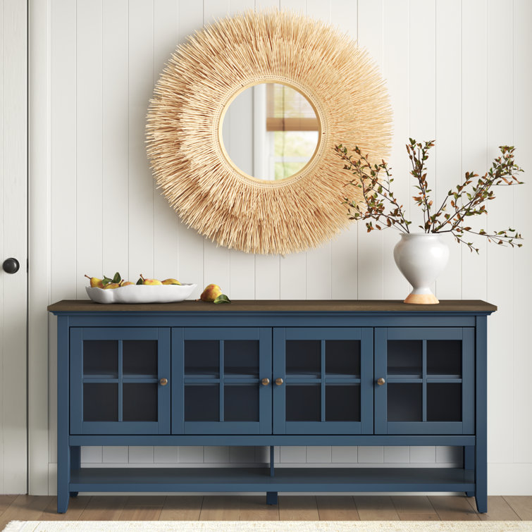 Alannah 67.75 in Wide Modern Farmhouse Sideboard with Glass Doors Sand Stable Color Fontana Blue